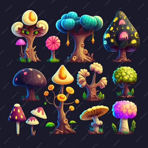 배경 만화 벡터 일러스트 레이 션에 고립 된 Ui 게임 디자인을위한 판타지 나무와 버섯 프리미엄 벡터