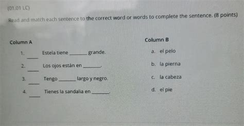 question 1 8 points 01 01 lc read and match each sentence to the