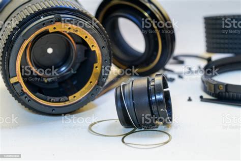 Disassemble The Lens For Photography Into Its Component Part Stock