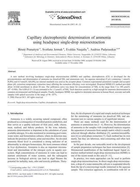 Pdf Capillary Electrophoretic Determination Of Ammonia Using Headspace Single Drop