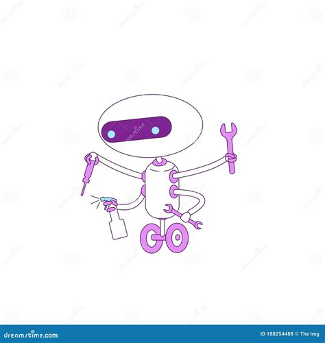 Cute Modern Helper Robot With Magnifying Glass Violet Linear Object