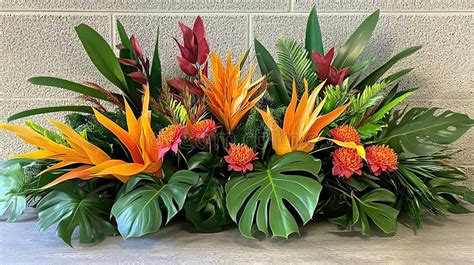Vibrant Tropical Flower Arrangement With Bird Of Paradise Heliconia And Monstera Leaves Stock