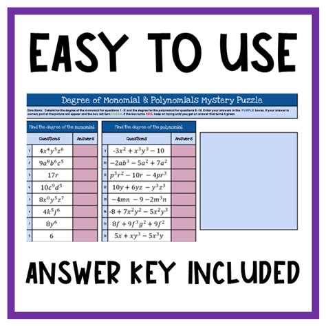 Degree Of A Polynomial And Monomial Activity Digital Pixel Art Mystery Puzzle Made By Teachers