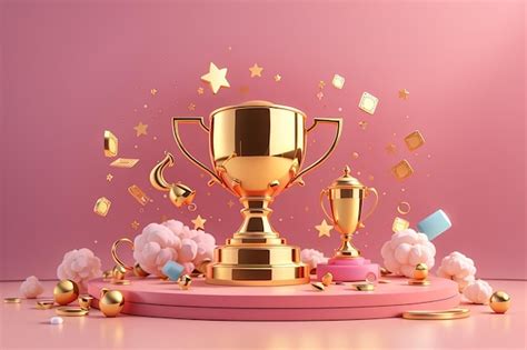 골든 컵과 함께 미니멀 3d 수상자 금색 배경에 떠다니는 물체와 함께 별 만화 스타일의 3d 터 렌더링 분홍색 파스텔 배경에 고립된 시상식 개념 프리미엄 사진