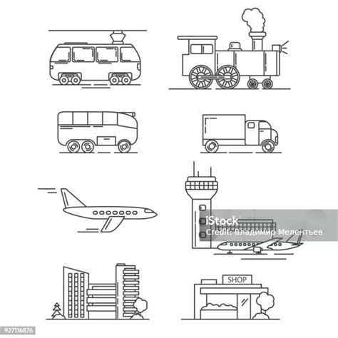 비행기 공항 건물 상점 트램 도시 철도 기관차와 아이콘의 집합입니다 관광 버스 여행 그리고 트럭입니다 공용 차량입니다 도시 건물 고층 타워 건물 외관에 대한 스톡 벡터 아트