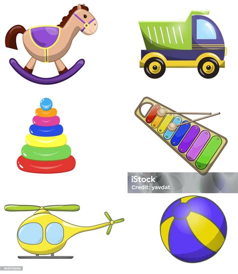 말 볼 무지개 실로 폰 피라미드 헬기 트럭 절연 벡터 일러스트 레이 션의 장식 어린이 장난감 세트 화려한 만화 영화의 그림 장난감 아이콘 공 스포츠 장비에 대한 스톡 벡터