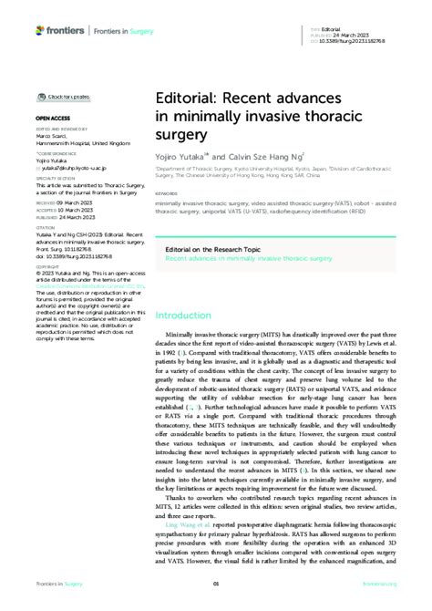 Pdf Editorial Recent Advances In Minimally Invasive Thoracic Surgery
