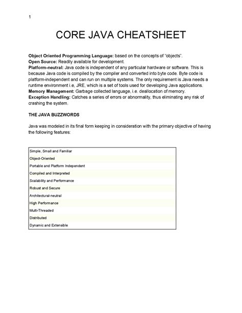 Core Java Cheatsheet Summaries Object Oriented Programming Docsity