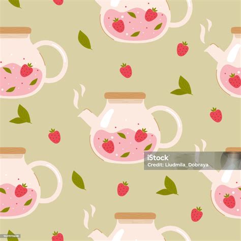 딸기가있는 유리 주전자 패턴 찻집 카페 바 메뉴 티 파티 차 포장 벡터 배경 포스터 배너 및 메뉴 엽서 건강한 생활방식에 대한 스톡 벡터 아트 및 기타 이미지 Istock