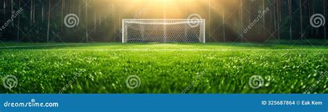 Soccer Goal Area On Green Grass Pitch Sunlight Through Trees Goalpost