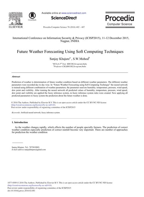 Pdf Future Weather Forecasting Using Soft Computing Techniques