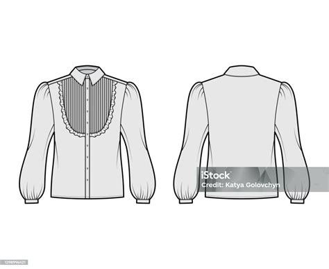 블라우스 턱시도 테크니컬 패션 일러스트와 긴 부피 슬리브 클래식 칼라 핀치 턱받이 오버사이즈 플랫 0명에 대한 스톡 벡터 아트