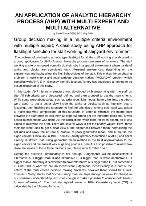 PDF AN APPLICATION OF ANALYTIC HIERARCHY PROCESS AHP WITH MULTI EXPERT AND MULTI ALTERNATIVE