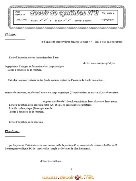 Devoir De Synthèse N°2 Sciences Physiques 3ème Sciences Exp 2011