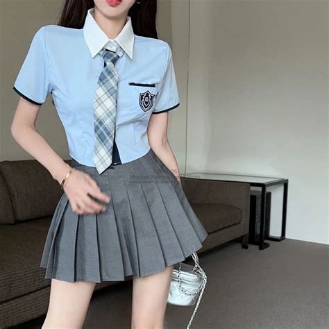 일본 한국 학생 교복 세트 Jk 교복 반팔 셔츠 하이 웨이스트 플리츠 스커트 블루 타이 그레이