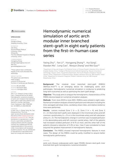 Pdf Hemodynamic Numerical Simulation Of Aortic Arch Modular Inner