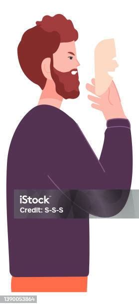 마스크 뒤에 얼굴을 숨기는 남자 가짜 미소로 거짓말 쟁이 변장 개성 개념에 대한 스톡 벡터 아트 및 기타 이미지 개성 개념