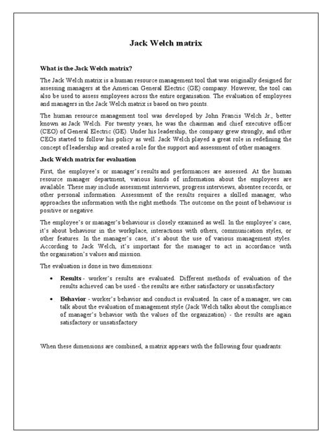 Jack Welch Matrix Theory Pdf Evaluation Leadership