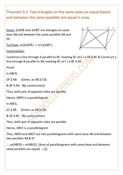 class 9 chapter 9 theorem 9 2 two triangles on the same base or