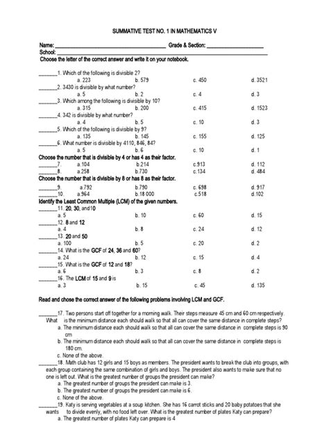 Mathematics V Summative Test Pdf Mathematics Arithmetic