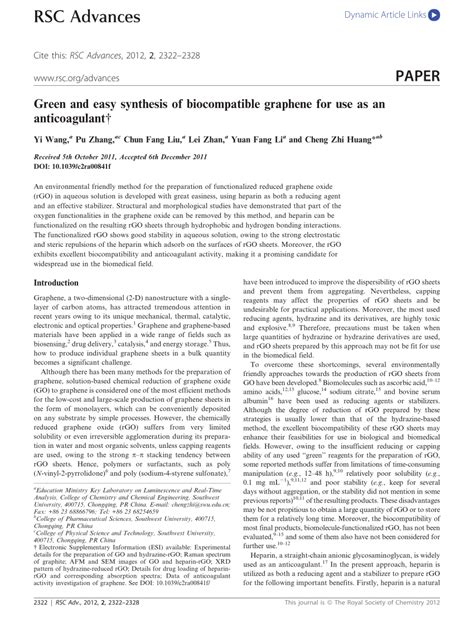 Pdf Green And Easy Synthesis Of Biocompatible Graphene For Use As An