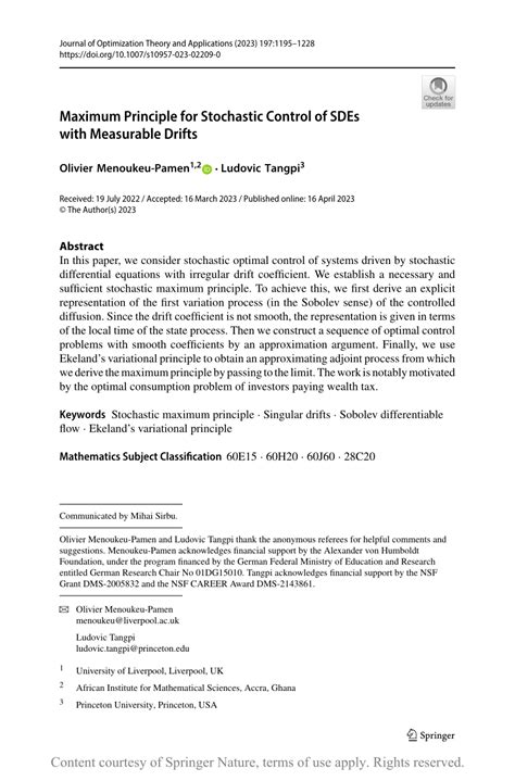 Pdf Maximum Principle For Stochastic Control Of Sdes With Measurable