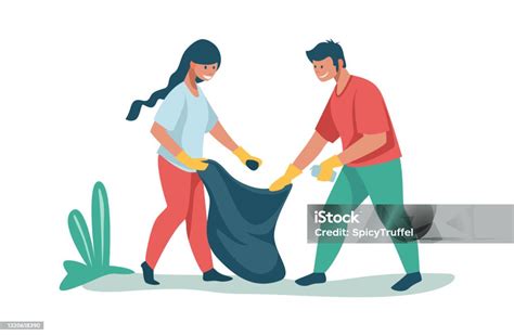 폐기물을 분류하고 재활용하는 사람들 야외에서 쓰레기를 수거하는 자원봉사자들 남자와 여자 가방에 쓰레기를 넣어 캐릭터는 자연을 돌봅니다 벡터 활동가 쓰레기에서 공원을 청소