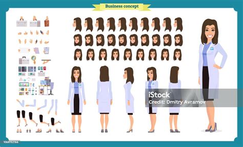 과학자 캐릭터 생성을 설정합니다 여자는 실험에서 과학 실험실에서 작동합니다 전체 길이 다른 보기 감정 몸짓 당신의 자신의