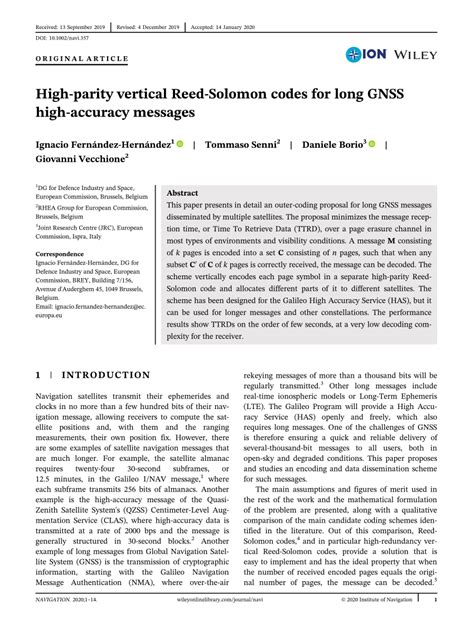 Pdf High Parity Vertical Reed Solomon Codes For Long Gnss High Accuracy Messages
