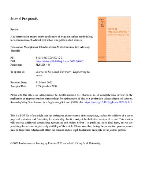 Pdf A Comprehensive Review On The Application Of Response Surface Methodology For Optimization