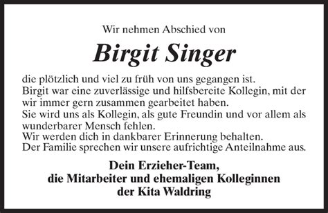 Traueranzeigen Von Birgit Singer Trauer Anzeigen De