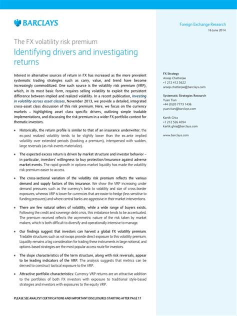 Barclays The Fx Volatility Risk Premium Identifying Drivers And Investigating Re Pdf Beta