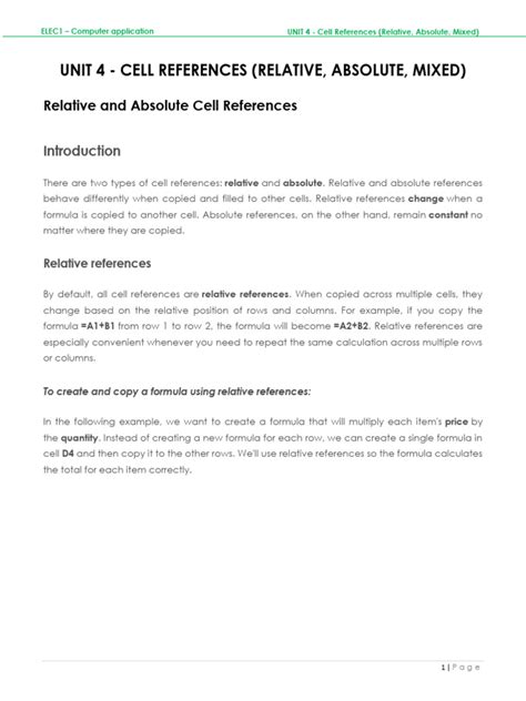 elec 1 module 4 cell references relative absolute mixed pdf formula