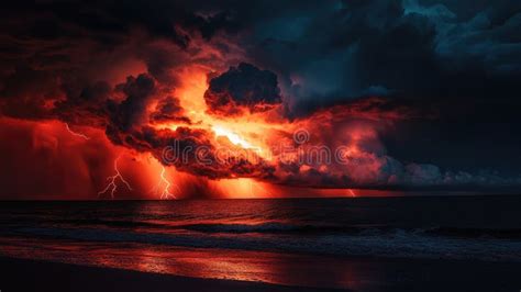Powerful Lightning Strike In The Scary Red Sky With Dark Storm Clouds