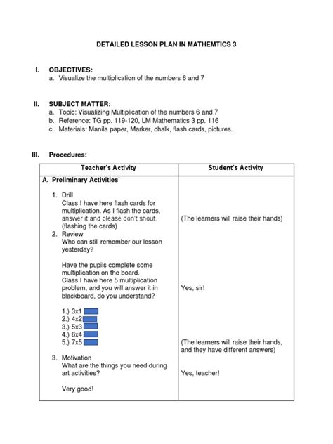 Detailed Lesson Plan In Mathemtics 3 Pdf Multiplication Lesson Plan