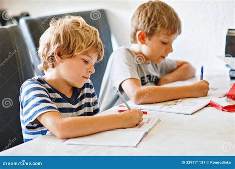 Two Boys Doing Homework Together Brothers Siblings And Twins Learning
