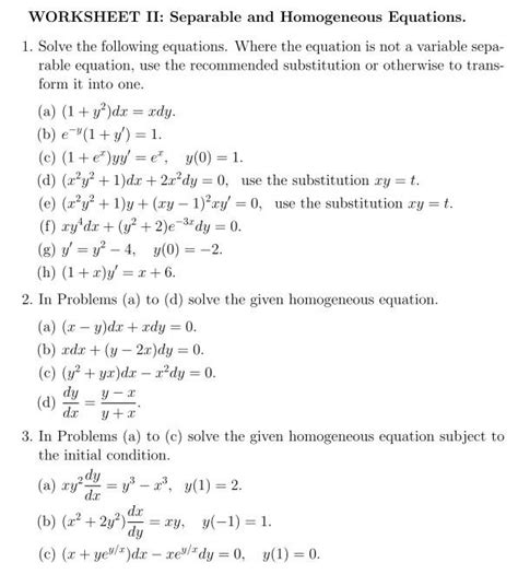 Solved Worksheet Ii Separable And Homogeneous Equations 1