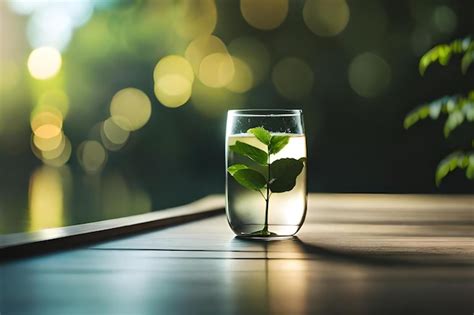 Premium AI Image A Glass Of Water With A Green Leaf In It