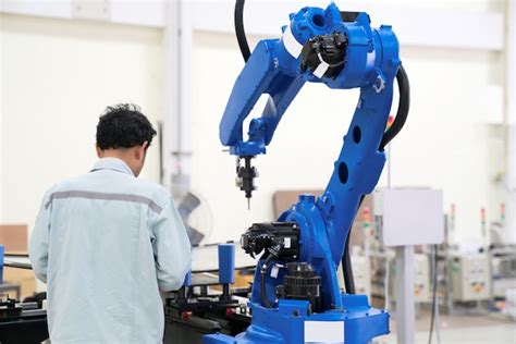Premium Photo Engineer Hand Using Tablet Heavy Automation Robot Arm Machine In Smart Factory