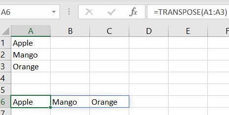 Excel How To Transpose A Column Of Data Into A Row Using A Formula And Not Using Copy And Paste