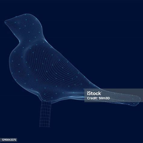 빛나는 조명어두운 배경에 파란색 선으로 만든 새의 와이어 프레임 3d 벡터 일러스트레이션 3차원 형태에 대한 스톡 벡터 아트 및 기타 이미지 Istock