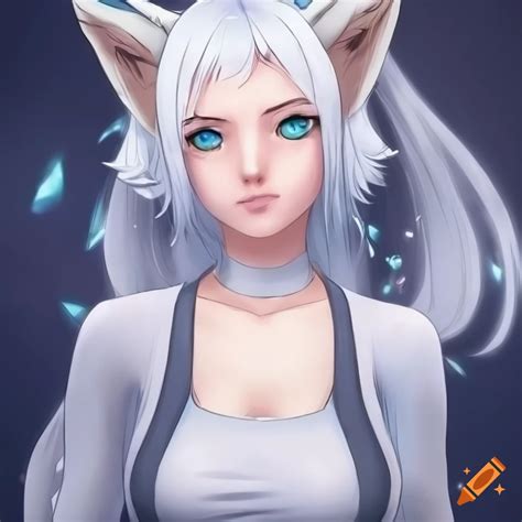 Character With White Long Hair Diamond Blue Eyes Wolf Ears And Tail