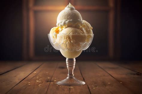 Gourmet Vanilla Ice Cream In Glass Bowl On Ice Cream Parlor Table Ai Generated Stock