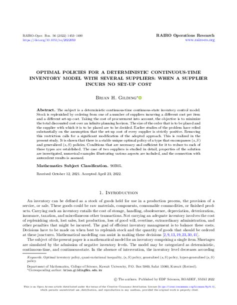 Pdf Optimal Policies For A Deterministic Continuous Time Inventory Model With Several