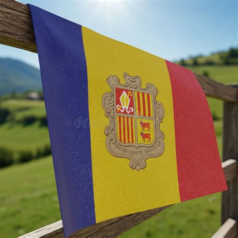 Flag Of Andorra Hanging On A Wooden Fence The Flag Features Vertical Blue Yellow An Stock