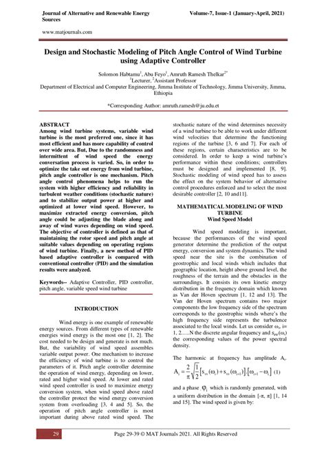 Pdf Design And Stochastic Modeling Of Pitch Angle Control Of Wind Turbine Using Adaptive