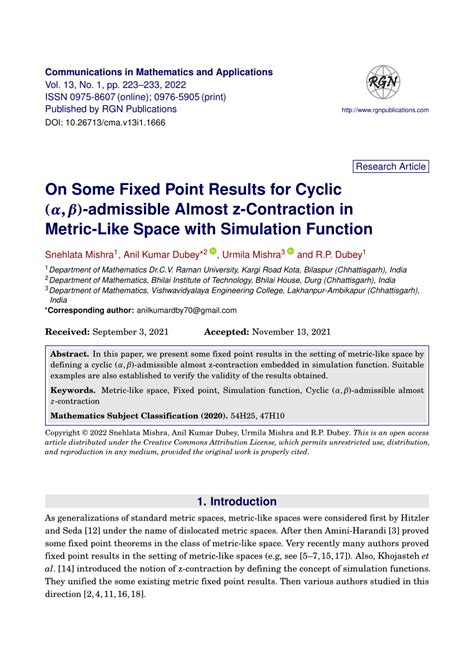 Pdf On Some Fixed Point Results For Cyclic Alpha Beta Admissible Almost Z Contraction