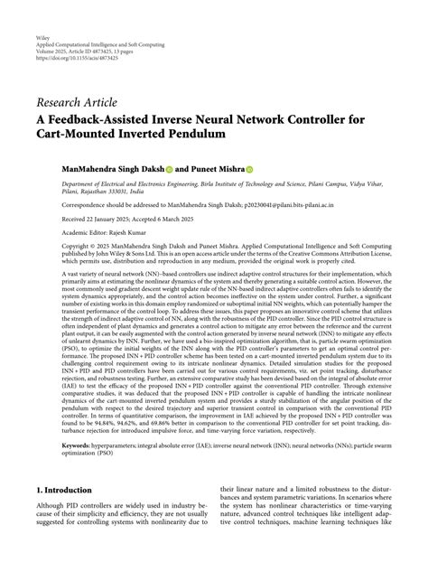 Pdf A Feedback Assisted Inverse Neural Network Controller For Cart Mounted Inverted Pendulum