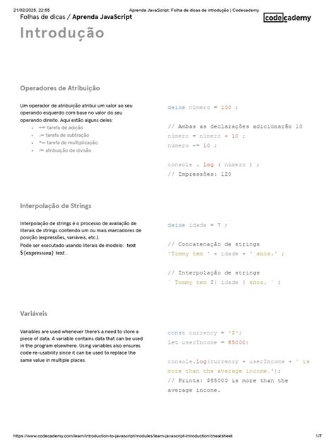 Aprenda Javascript Folha De Dicas De Introdução Codecademy Pdf Java Script Data Type