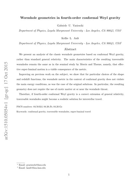 Pdf Wormhole Geometries In Fourth Order Conformal Weyl Gravity